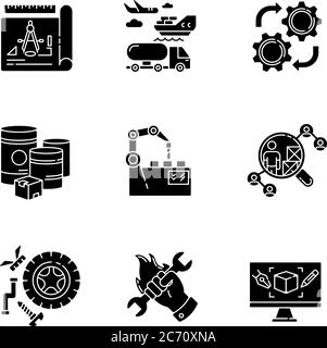 Manufacturing stages black glyph icons set on white space. Computer ...