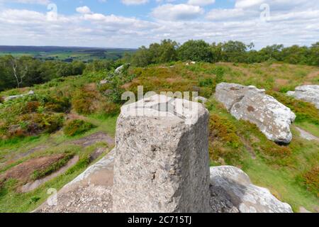 A Trig point, located at Brimham Rocks is used for surveying,mapping ...