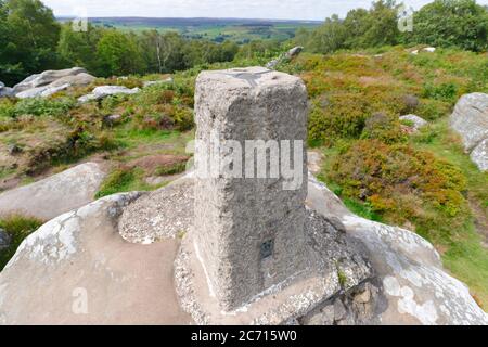 A Trig point, located at Brimham Rocks is used for surveying,mapping ...