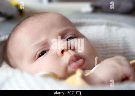 Newborn baby girl drooling close-up on white background Stock Photo - Alamy