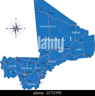 Vector map of Mali with regions, capital district and administrative ...