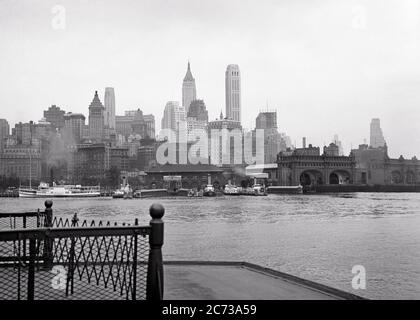1930s NEW YORK CITY HARBOR FERRY BOAT WITH TWO SMOKE STACKS VIEWED FROM ...