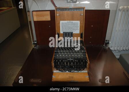 An Enigma machine rotor on display showing the internal wiring in ...