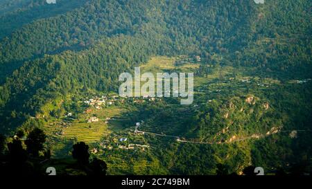 Scenic Landscape North Indian villages in Himalaya, surrounded by hills ...