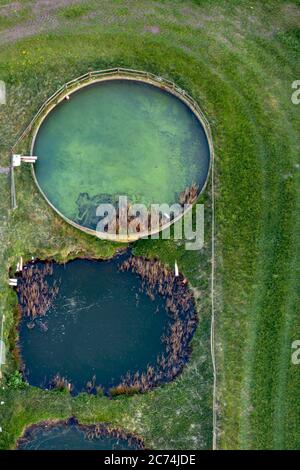 Wastewater treatment plant with sedimentation ponds aerial top view ...