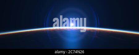 Earth sunrise from space over cloudy ocean. 3d rendering illustration ...