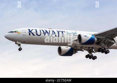 Kuwait Airways Boeing 777-300 aircraft as seen on final approach flying ...