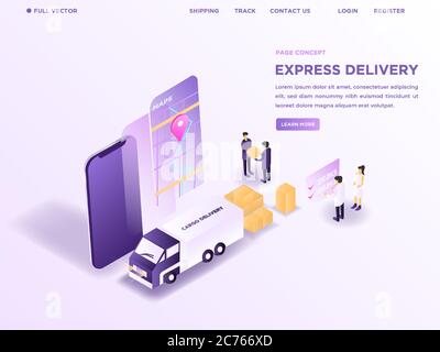 Home isometric landing page, modern apartment interior with bedroom ...