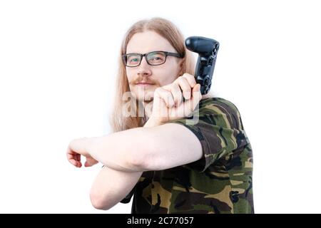 Long Haired Gamer Holding Video Game Controller Scared Stock Photo - Alamy