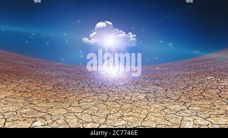 Dry cracked earth with single thunderstorm cloud. 3D rendering Stock ...
