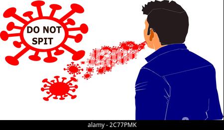 A man in blue shirt spitting coronavirus bacteria on the wall a cartoon ...