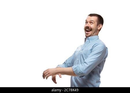 Gloating. Young caucasian man with funny, unusual popular emotions and ...