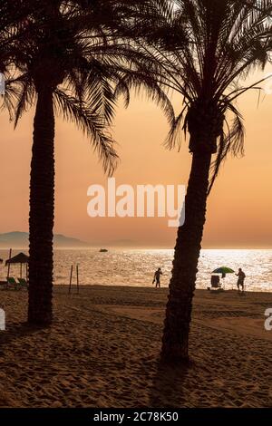 Early morning on Playamar beach, Torremolinos, Costa del Sol, Malaga ...