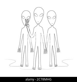 A group of aliens are drawn with one line on a white background ...