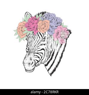Striped zebra in a wreath of flowers, with a bouquet. Spring is coming ...