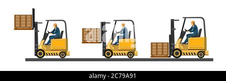 Forklift loading pallets with cardboard boxes, side view. Logistics and ...