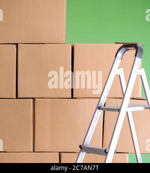 The many boxes and ladder in depot Stock Photo - Alamy