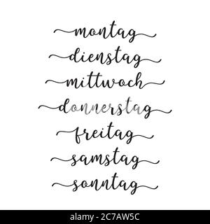Hand Lettered Days of the Week in German. Translated Monday, Tuesday ...
