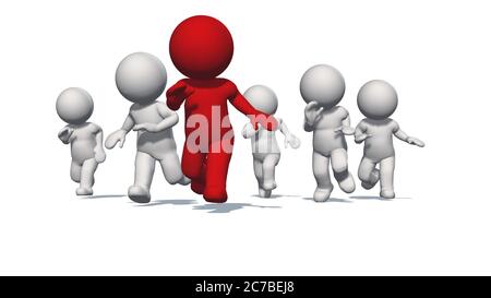 3D white humans running with a red human at the top - isolated on white ...