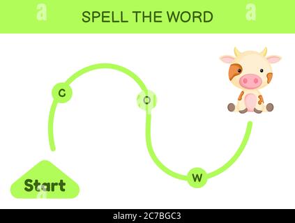 Spell the word cow. Vector illustration of cute cow. Spelling game for ...