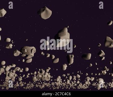 Rocks and debris flying through space after a huge big bang explosion ...