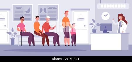 Clinic reception. Hospital patients, doctor waiting room and people ...