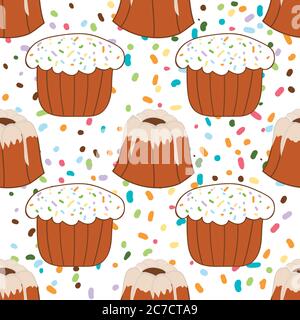 Seamless pattern with Easter cakes, candle, decorated eggs. Happy ...