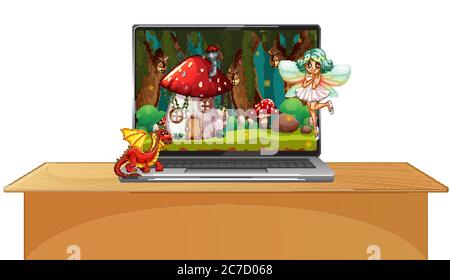 Fairy scene on laptop desktop background illustration Stock Vector ...
