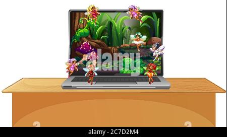 Laptop with fairy scene on desktop background illustration Stock Vector ...