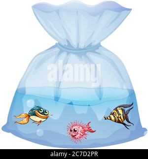 Cute fishes in plastic bag cartoon isolated illustration Stock Vector ...