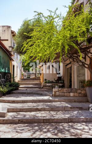Quiet alley in historic Plaka neighborhood, Athens, exuding peaceful ...