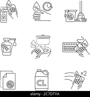 Decontamination pixel perfect linear icons set. Professional sanitary ...