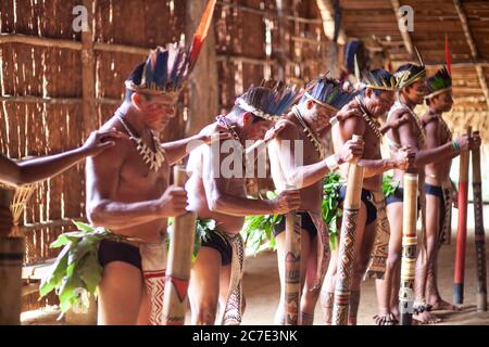 Indigenous Amazonian men perform a traditional tribal ceremony with ...