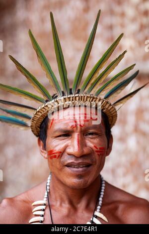 An Amazonian indigenous man wearing a feathered headdress and face ...