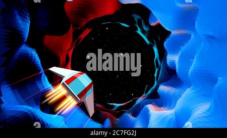 Arcade space ship flying to the gateway in blue corridor 3D landscape ...