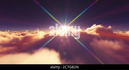 above clouds sunrise sun ray illustration, 3d rendering Stock Photo - Alamy