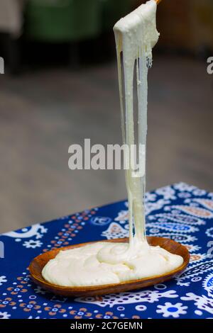 Georgian traditional food Elarji, meal with cheese and corn, baked and ...