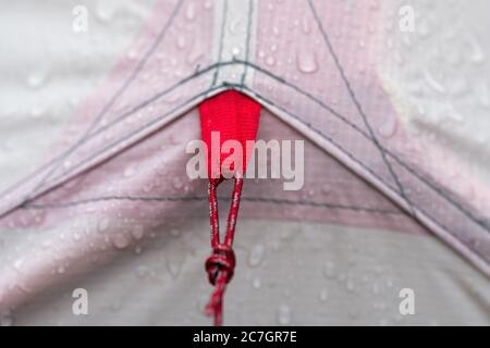Awning is stretched on rope. Camping details. Green awning in nature ...