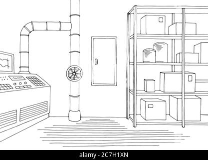 Factory interior graphic black white sketch vertical illustration ...