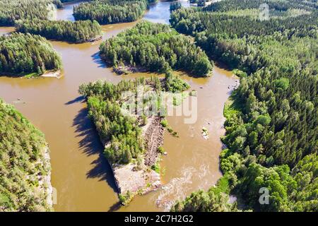 Aerial summer view of rapid Ahvionkoski at river Kymijoki, Finland ...