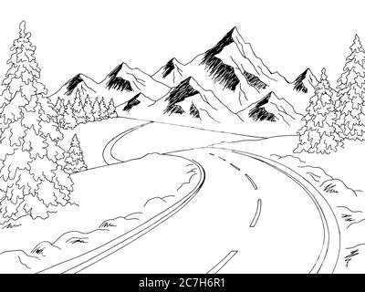 Winter road graphic black white sketch landscape illustration vector ...