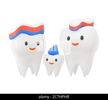 Cute happy smiling family of teeth with toothpaste hairstyle. Clear ...