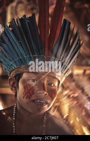 Tuyuka tribe members dancing in their village in the Brazilian Amazon ...