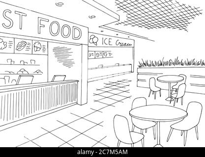 Cafe interior fast food court graphic black white sketch illustration ...
