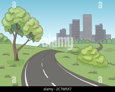 Forest road graphic color landscape sketch illustration vector Stock ...