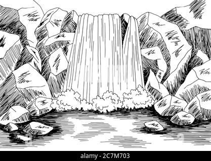 Waterfall mountain river graphic black white landscape sketch ...