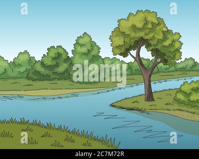 Forest landscape with a river, hand draw illustration Stock Vector ...