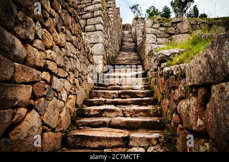 Inca stone steps at the ruins of [Machu Picchu], ancient rock carved ...