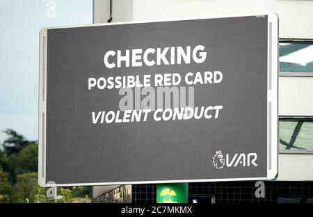 A VAR check for a red card on the big screen during the Premier League ...