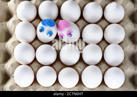 Cute eggs with the face, eyes, muzzle. Two eggs with love for each ...